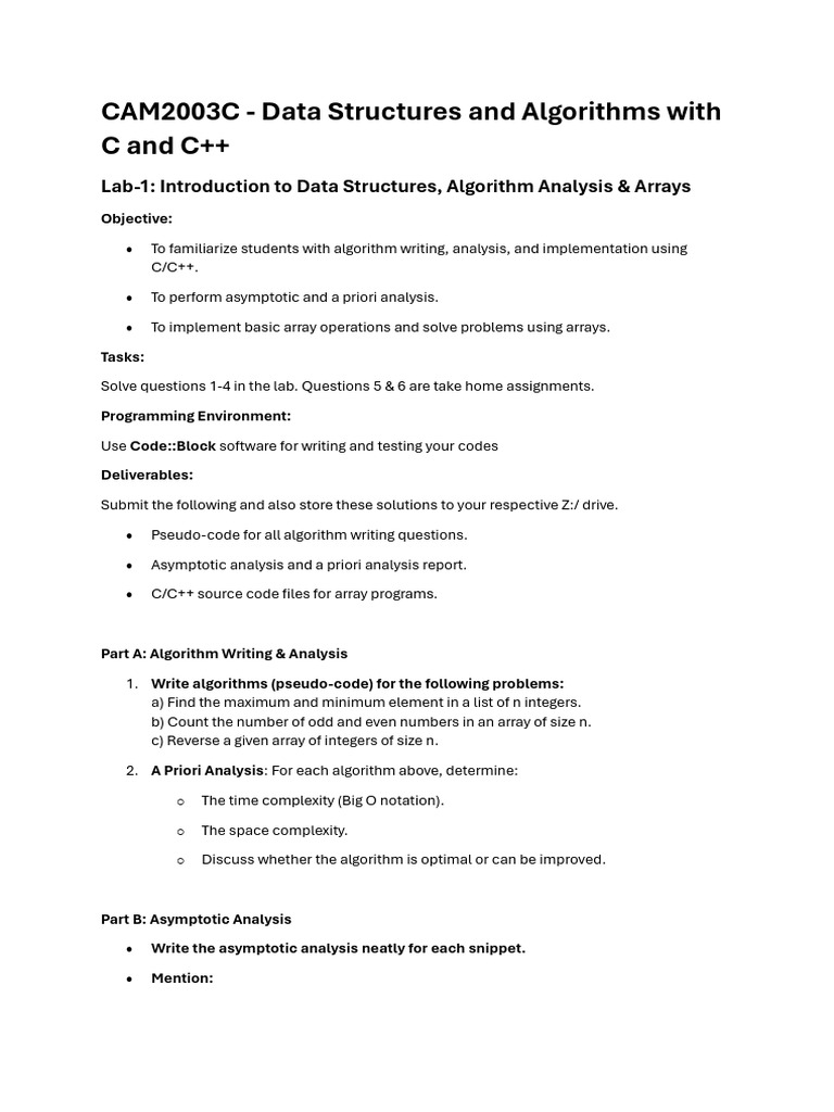 Lab-1 Introduction To Data Structures, Algorithm Analysis & Arrays | PDF | Algorithms | Time ...