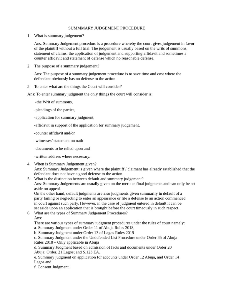 Summary Judgment Procedure Explained | PDF | Default Judgment | Summary ...
