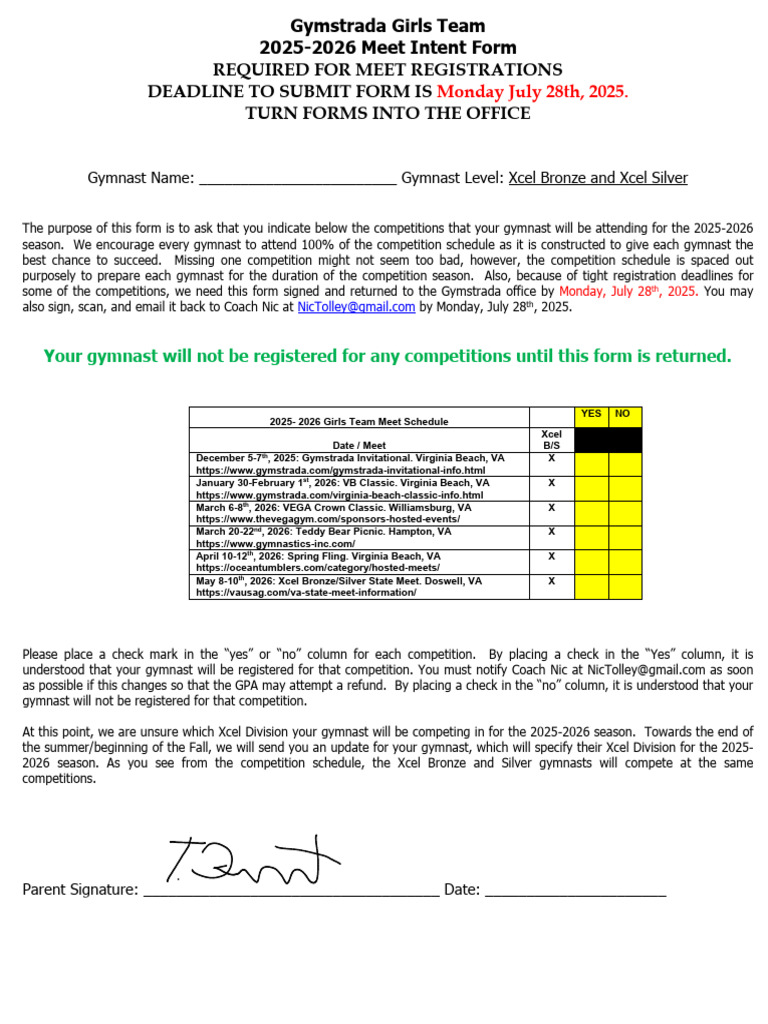 2025-2026 Girls Meet Schedule - Meet Intent Form. Xcel Bronze and ...