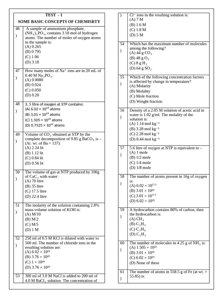 Test - 1 Some Basic Concept of Chemistry | PDF | Mole (Unit) | Chemistry