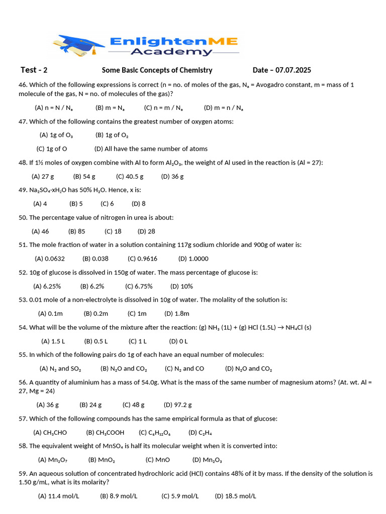 Basic Chemistry Concepts Test Questions | PDF | Mole (Unit) | Molecules