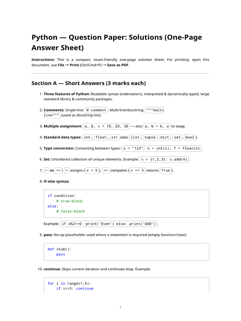 Python Exam Solutions: One-Page Guide | PDF | Python (Programming ...
