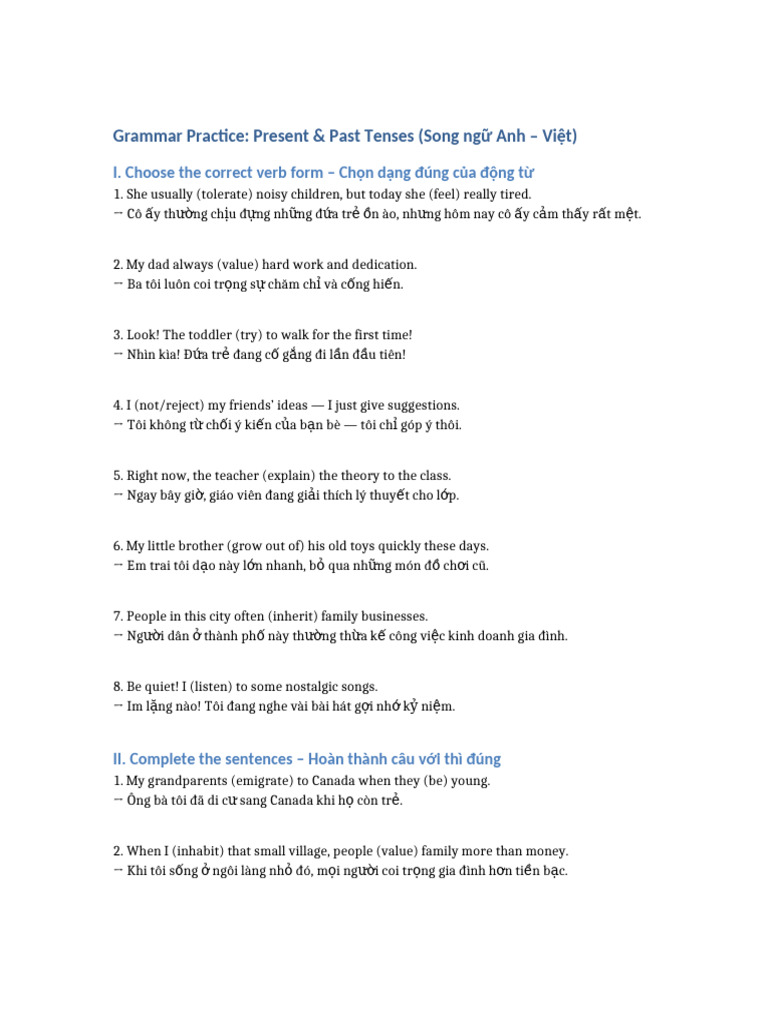 Grammar Practice Present Past Tenses SongNgu | PDF