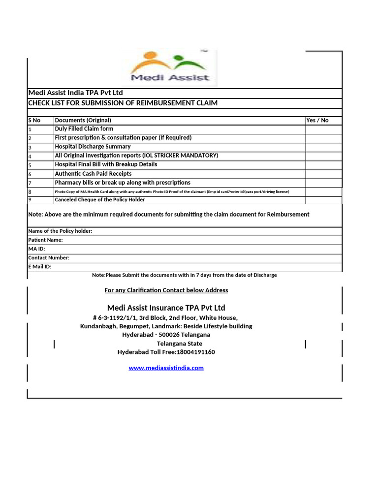 Medi Assist Reimbursement Claim Checklist | PDF