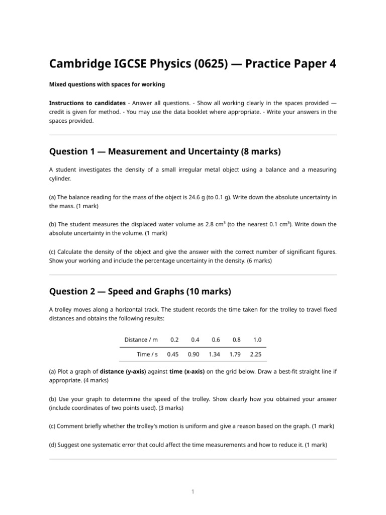 Igcse Physics 0625 — Practice Paper 4 (Alternative to Practical) | PDF ...