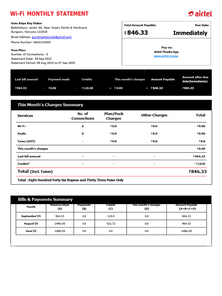 Wi-Fi Monthly Statement: This Month's Charges Summary | PDF ...