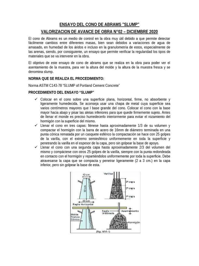 Ensayo Cono de Abrams: Slump ASTM C143 | PDF | Hormigón | Materiales