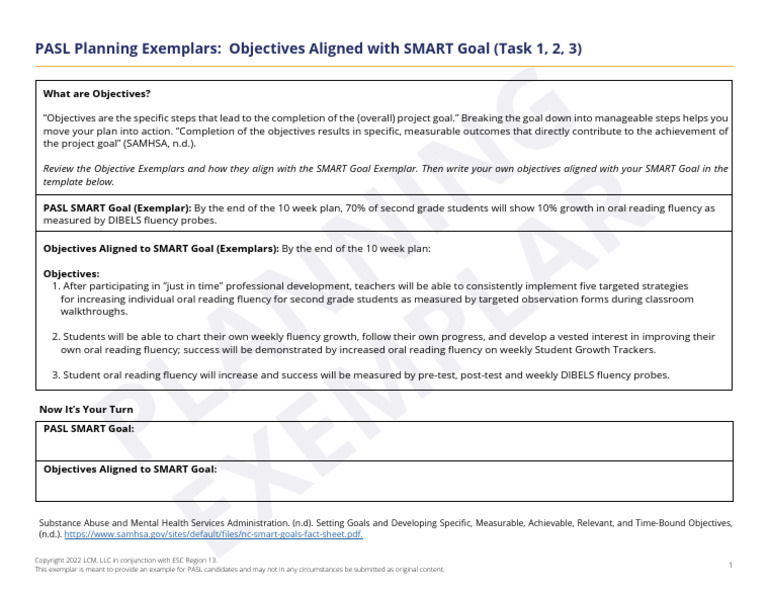PASL Planning Exemplars - Objectives Aligned With SMART Goal (Task 1, 2 ...