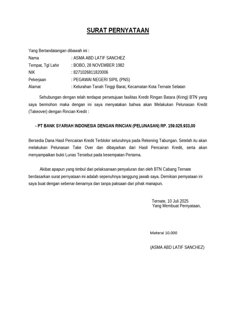 Surat Pernyataan Pelunasan Take Over Kredit Syarat Akad | PDF