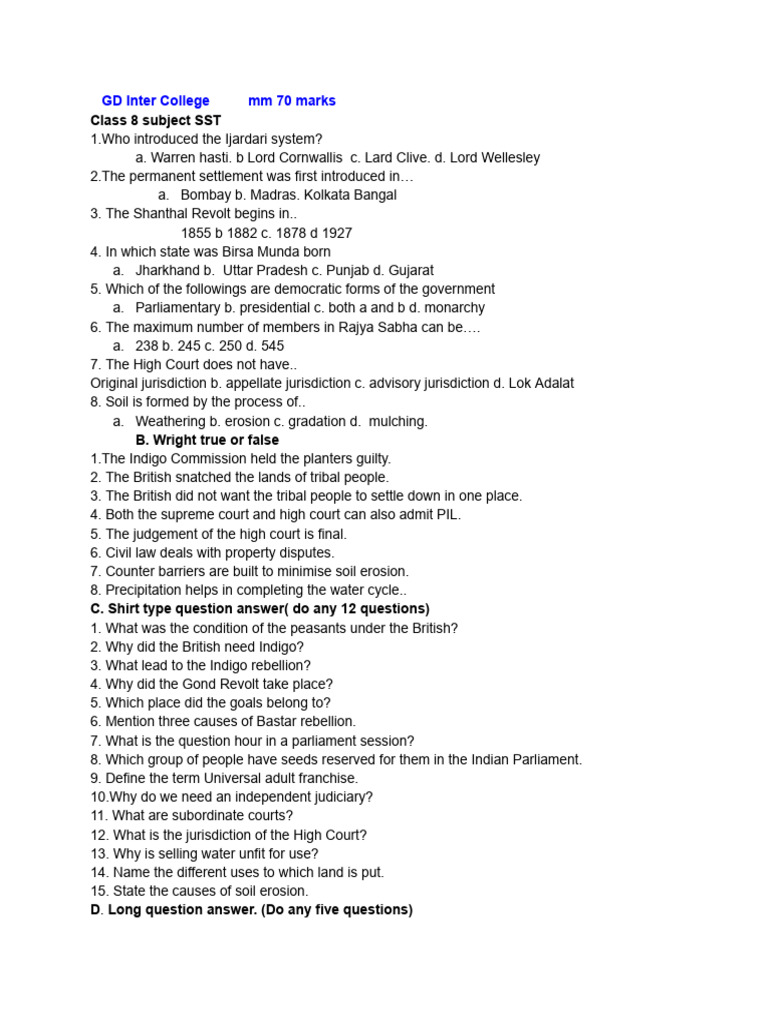 Class 8 SST Exam Questions and Answers | PDF | Government