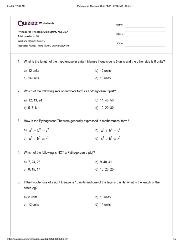 Pythagoras Theorem Quiz SMPK KESUMA - Quizizz | PDF | Mathematics ...