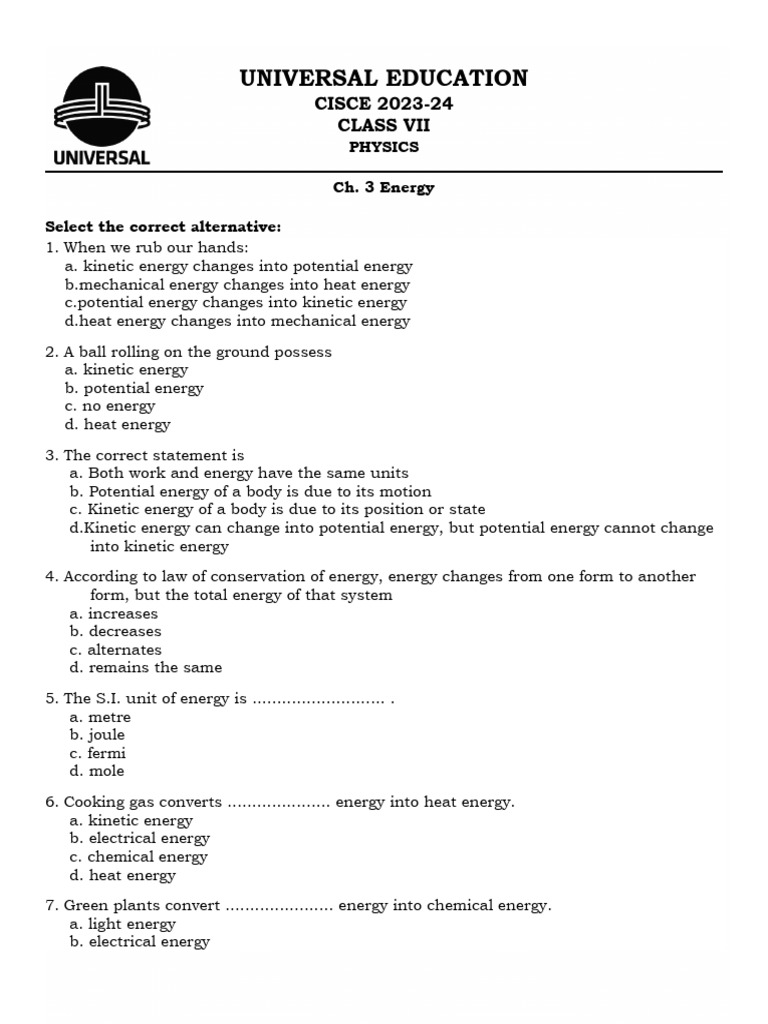 Unit 3 - Energy - Physics - Class VII - CISCE (AY 2024-25) - Unlocked ...