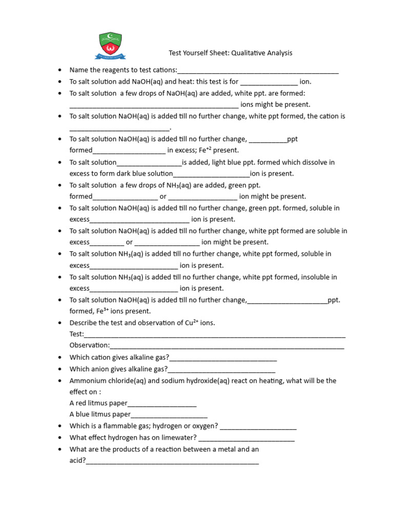 Test Yourself Sheet Qualitative Analysis | PDF | Salt (Chemistry ...