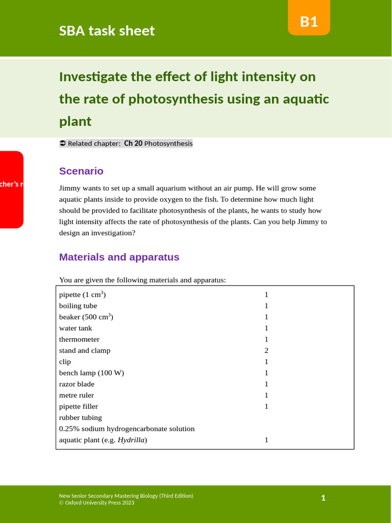 SBA Task Sheet Hydrilla Ts B1 e | PDF | Photosynthesis | Oxygen