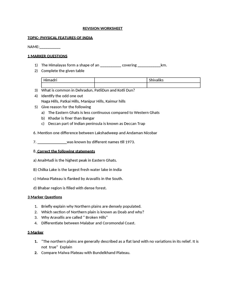 Physical Features of India Worksheet | PDF