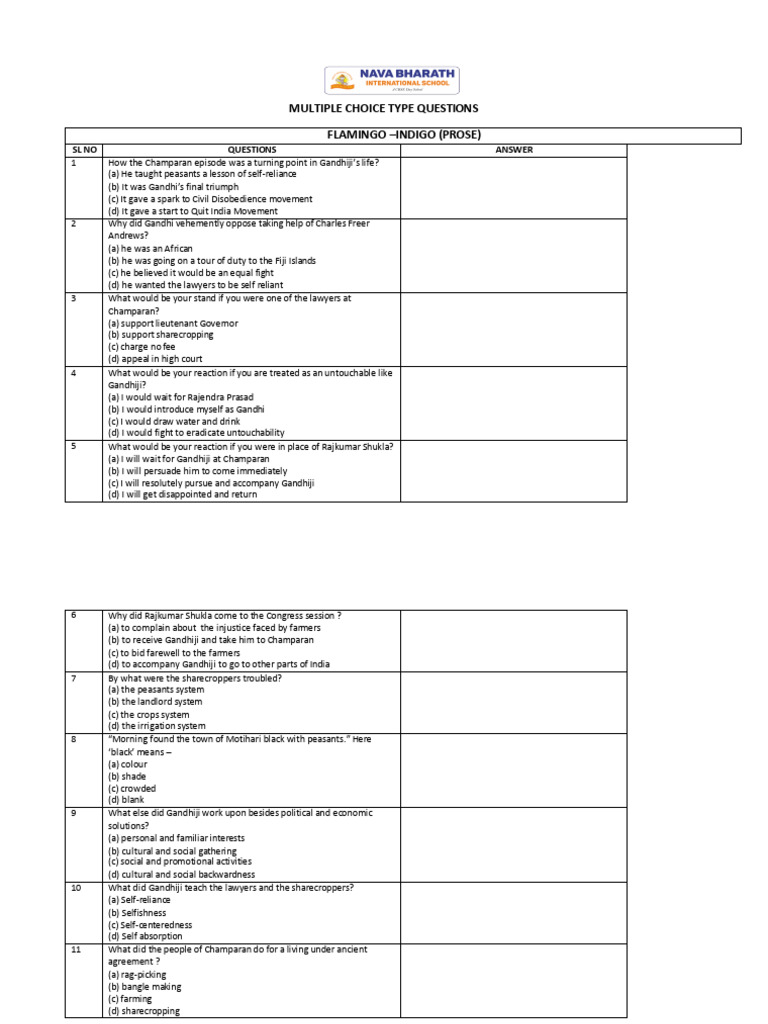 Multiple Choice Type Questions Flamingo - Indigo (Prose) : SL No ...