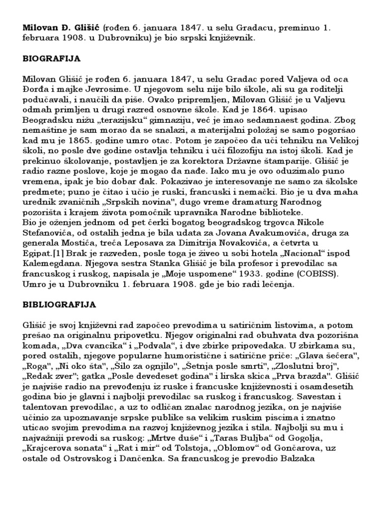 Milovan Glisic Biografija I Prva Brazda | PDF
