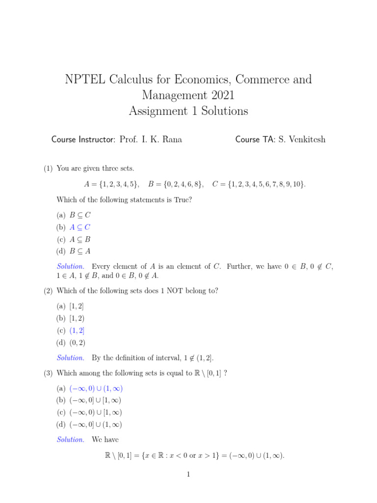 NPTEL Calculus Assignment 1 Solutions | PDF | Empty Set | Interval ...