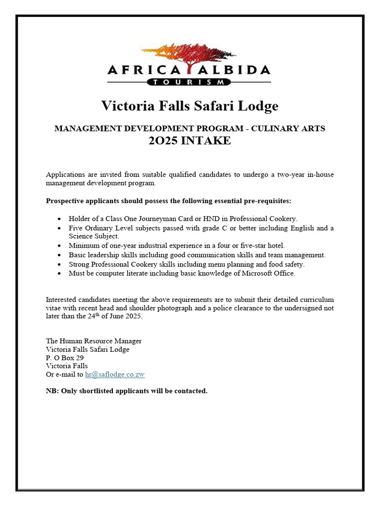 Vacancy Notice - Management Development Program - Culinary Arts | PDF