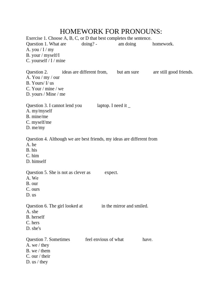 Pronoun Exercises for Homework | PDF
