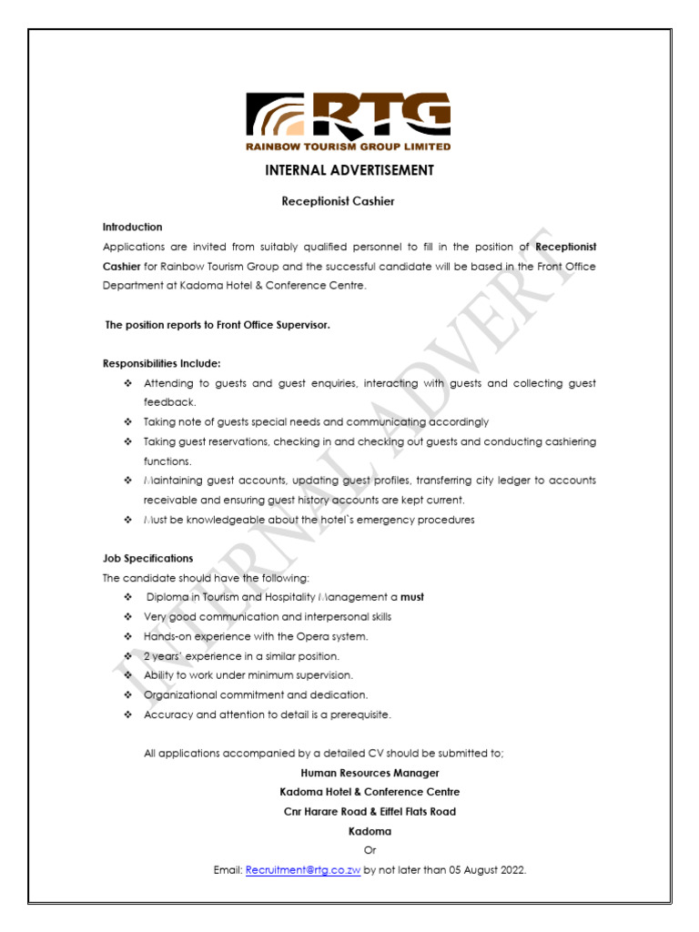 Internal Advert - Receptionist Cashier | PDF