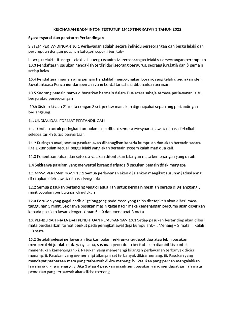 Syarat Dan Peraturan Kejohanan Badminton 2022 | PDF