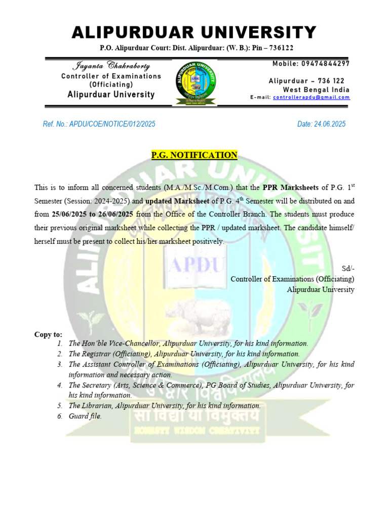 Ba23e PG Notice Regarding Distribution of PPR Updated Marksheets | PDF