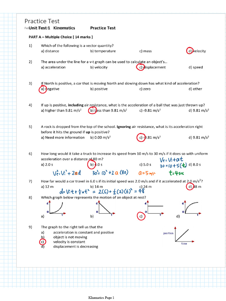 Kinematic 1d Practice Test 2025 Key v2 | PDF