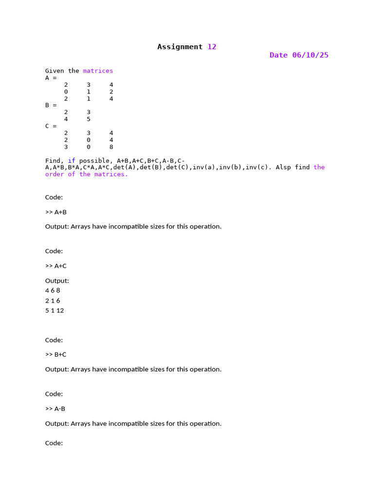 Assignment: Matrices | PDF