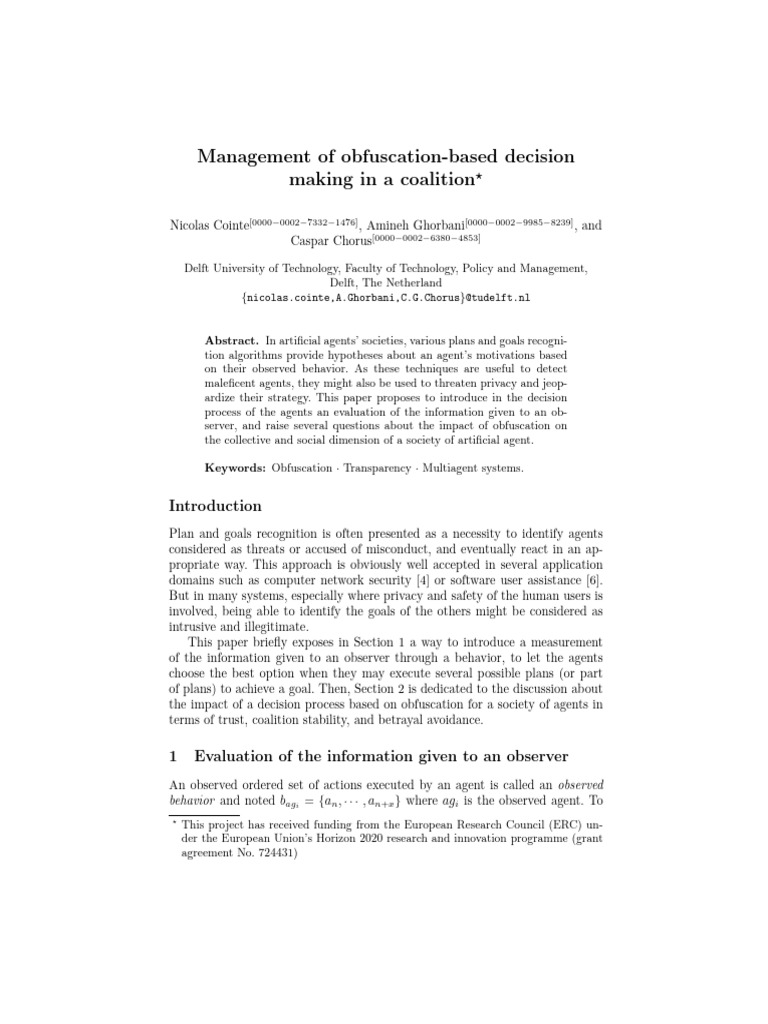 Obfuscation in Multiagent Decision Making | PDF | Information | Privacy
