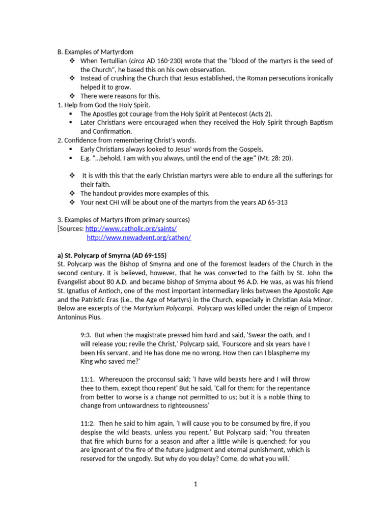 Unit 2 - Age of Martyrs - B. Examples of Martyrs - 1. & 2. | PDF ...