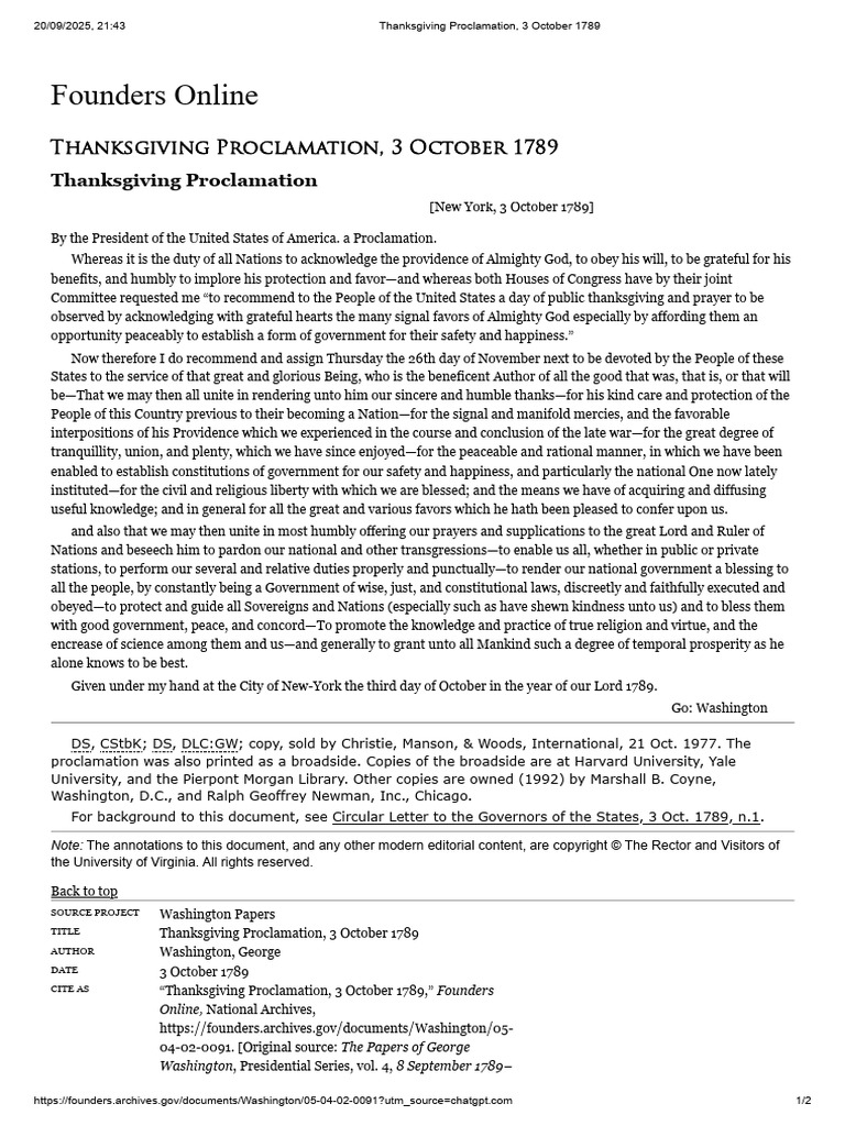 Washington's 1789 Thanksgiving Proclamation | PDF | National Archives ...