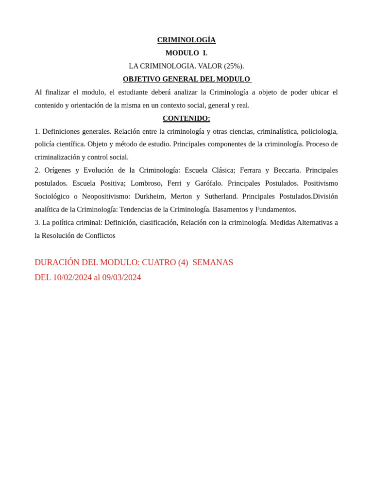 Criminologia y Criminalistica (Modulo I Contenido Programatico) | PDF