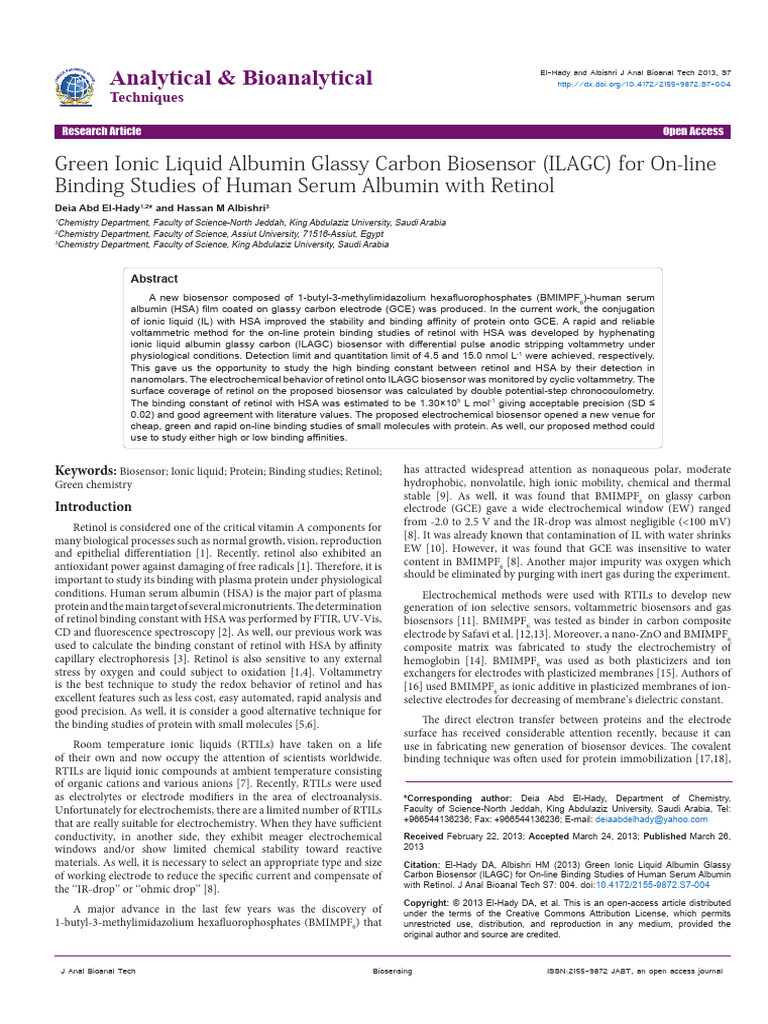 Green Ionic Liquid Albumin Glassy Carbon Biosensor Ilagc For On Line ...