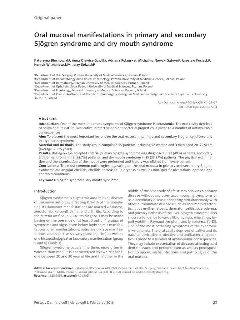 Oral Mucosal Manifestations in Primary and Secondary Sjögren Syndrome ...