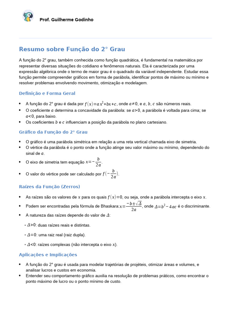 Funcao Do 2deg Grau | PDF | Matemática elementar | Conceitos matemáticos