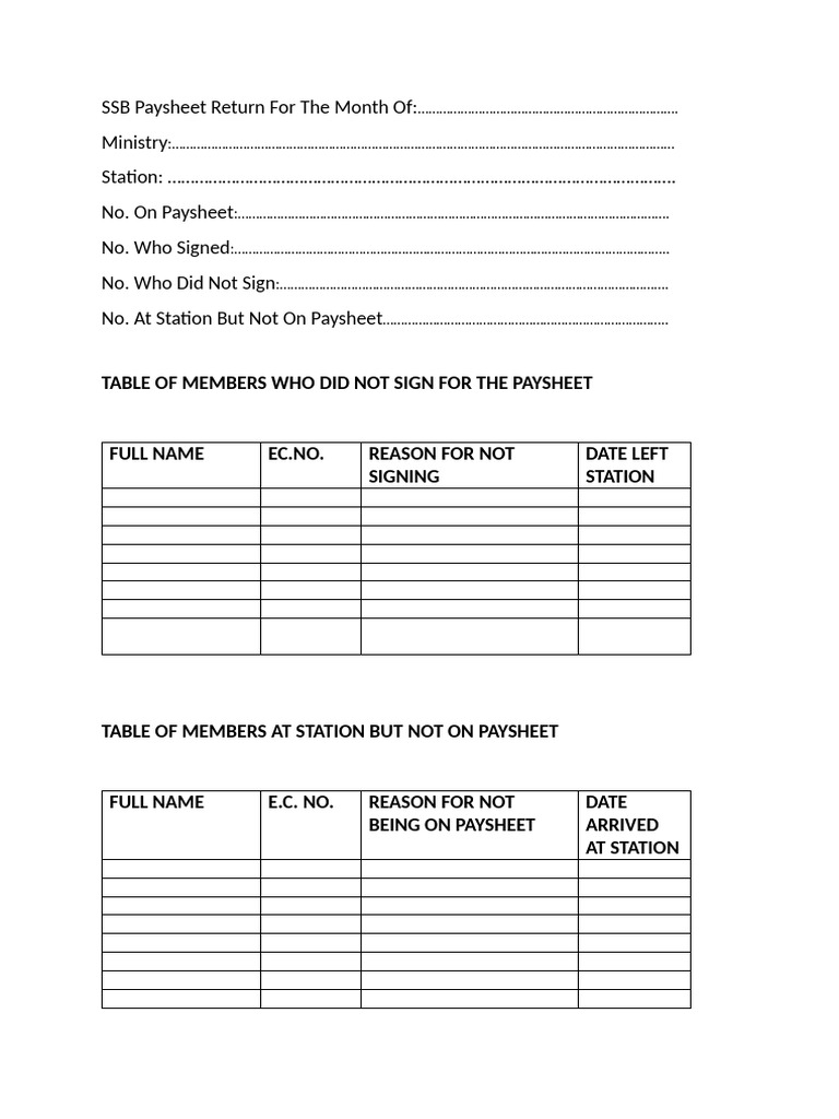 SSB Paysheet Return | PDF