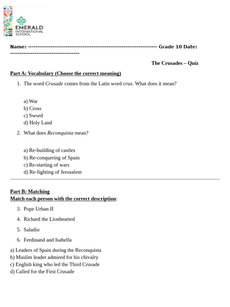 Grade 10 Crusades Quiz and Activities | PDF