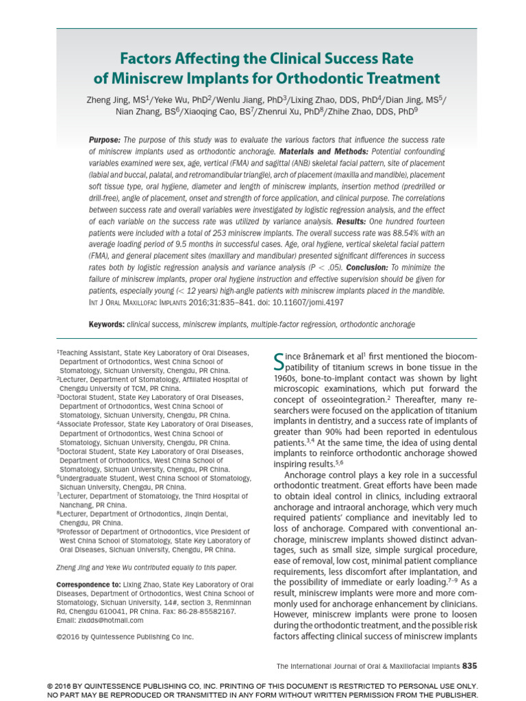 Clinical Success Rate of Miniscrew | PDF | Dental Implant | Orthodontics