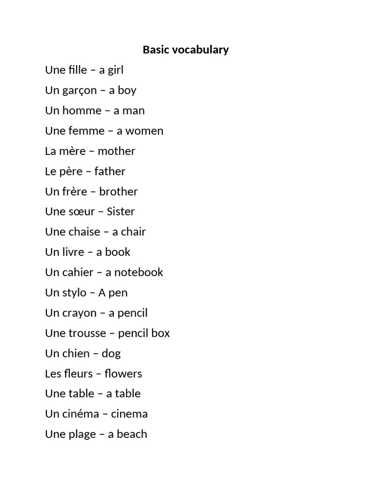 Vocabulaire de base en français | PDF