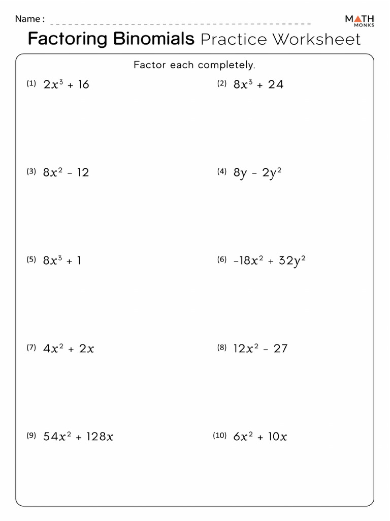 Factoring Binomials Practice Worksheet | PDF | Algebra | Mathematics