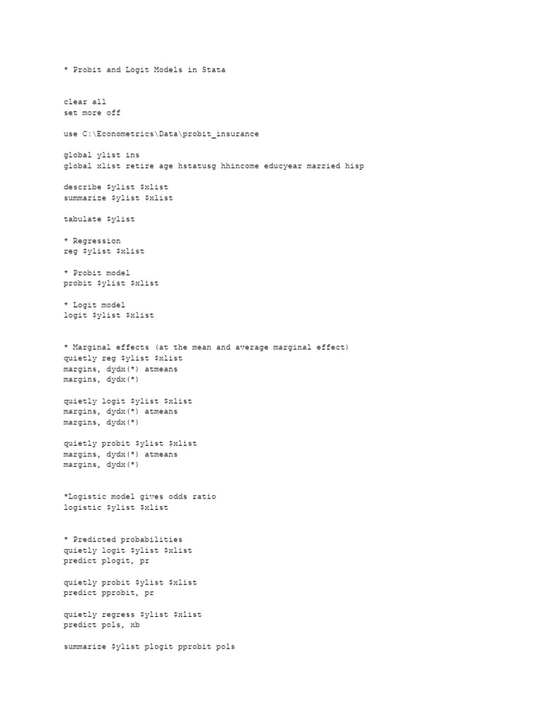 Probit and Logit Models Stata Program and Output | PDF | Sensitivity And Specificity | Logistic ...