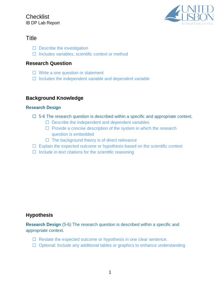IB DP Lab Report Student Checklist | PDF | Evaluation | Methodology