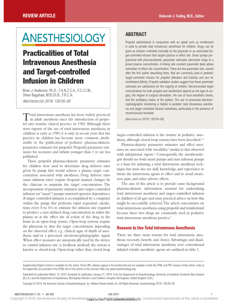 Pediatric Total Intravenous Anesthesia Guide | PDF | Anesthesia ...