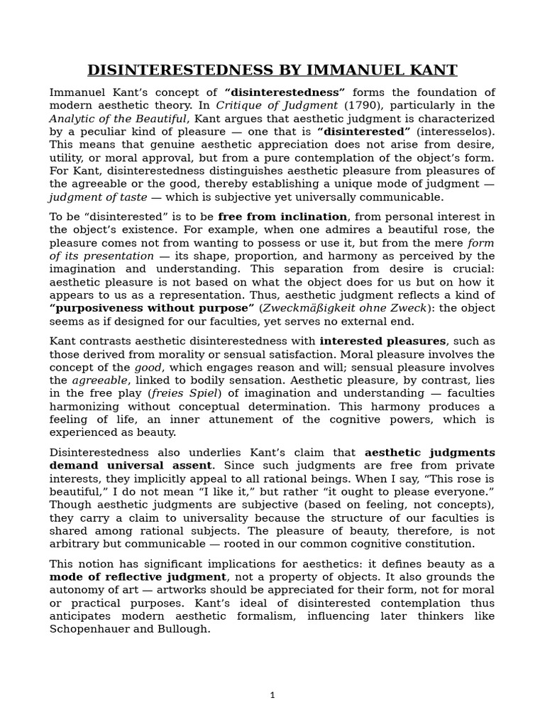 DISINTERESTEDNESS BY IMMANUEL KANT | PDF | Aesthetics | Immanuel Kant