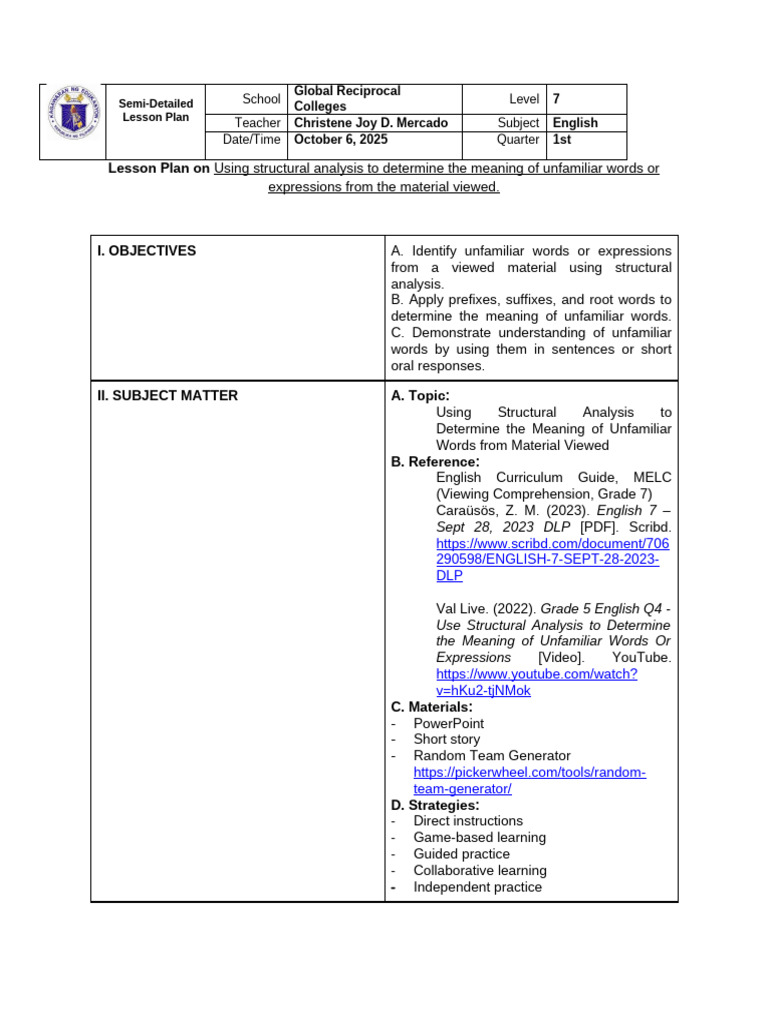 SEMI DETAILED LESSON PLAN ON Using Structural Analysis To Determine The ...
