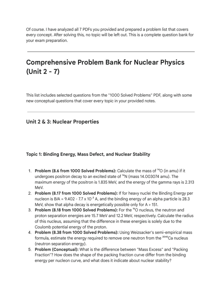 Problems For Nuclear Physics | PDF | Atomic Nucleus | Radioactive Decay
