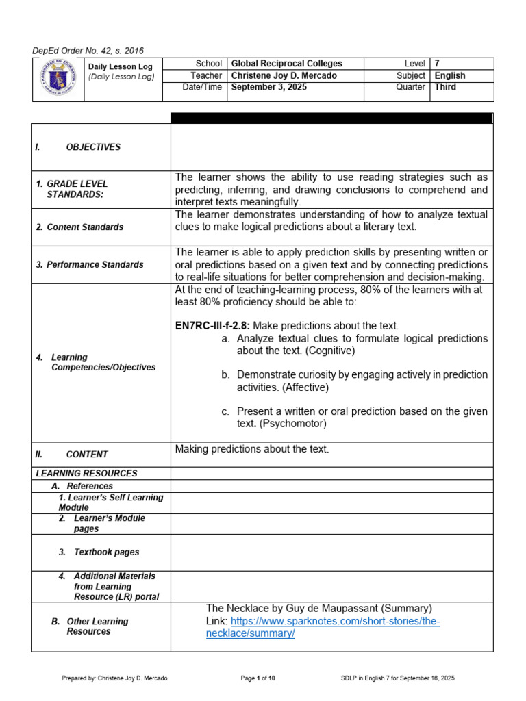 English 7 Lesson Plan: Making Predictions | PDF | Learning | Reading ...