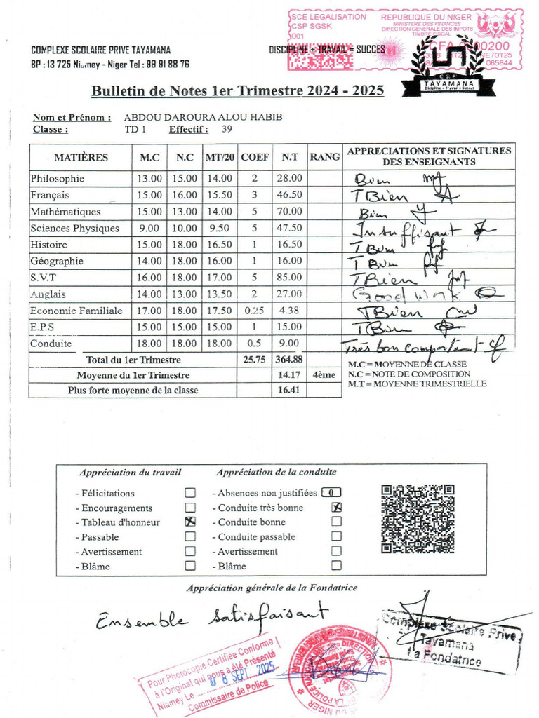 Bulletin de Note 1er Trimeste | PDF
