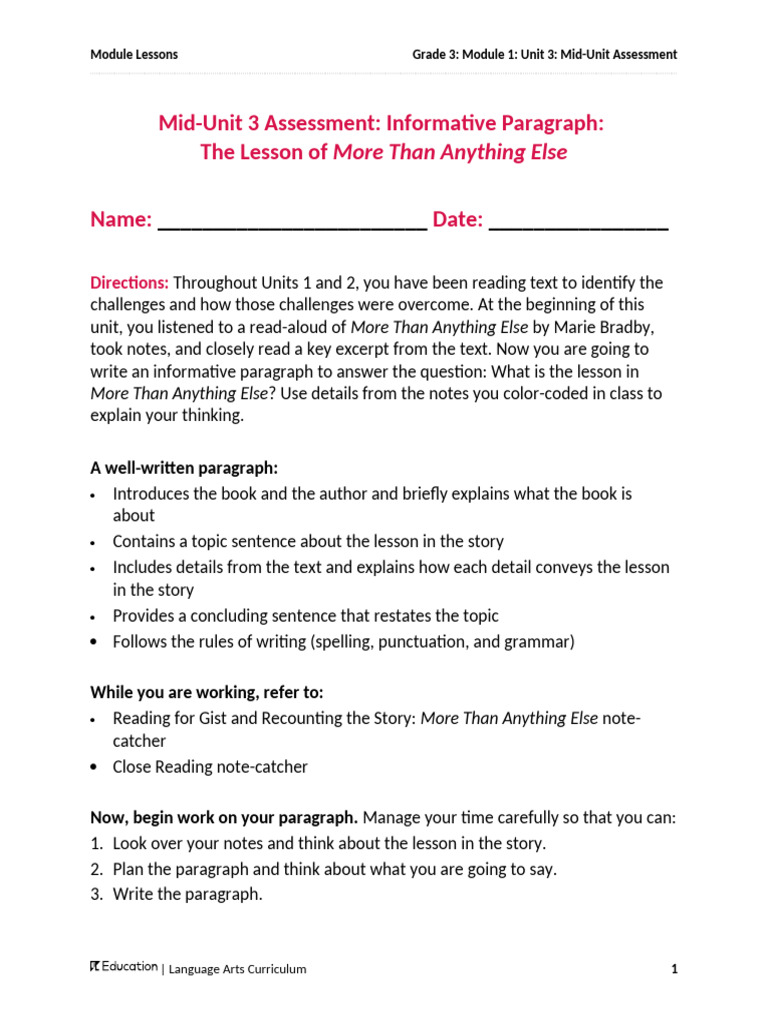 3.1.3.A1 Mid Unit 3 Assessment Informative Paragraph The Lesson of More ...